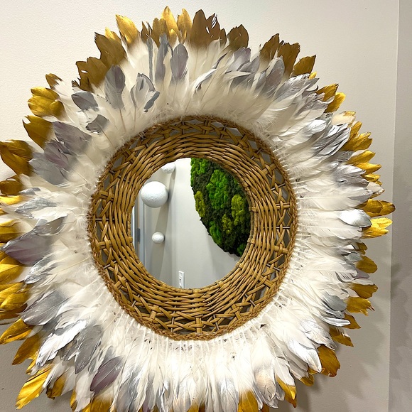 Art | Custom Ratan Mirror With Silver And Gold Tipped Rooster Feathers ...